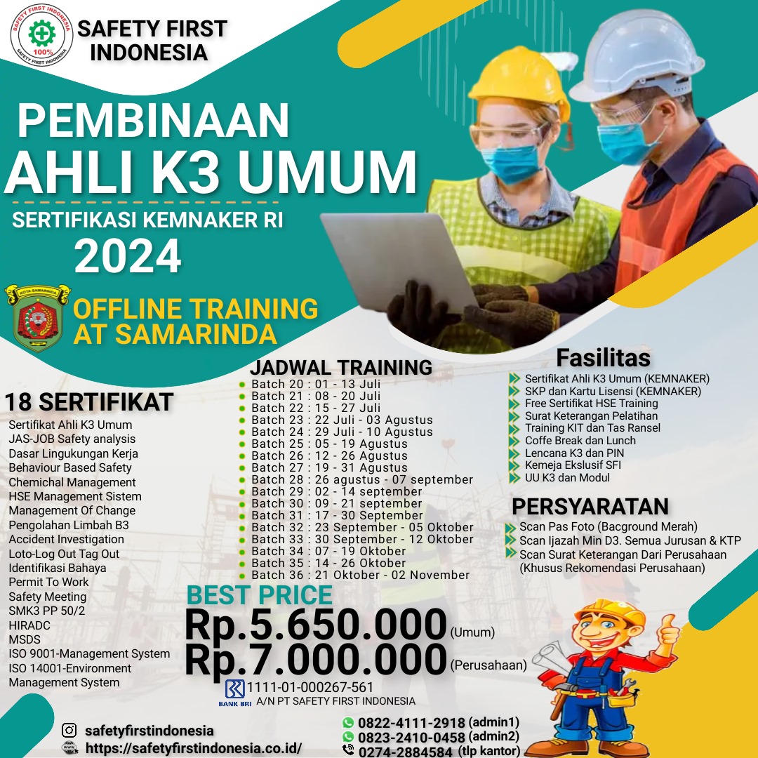 Jadwal Pelatihan Offline Ahli k3 Umum 2024 Samarinda